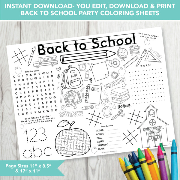 Editable Back to School Coloring Sheet| Download – Partyinapinch