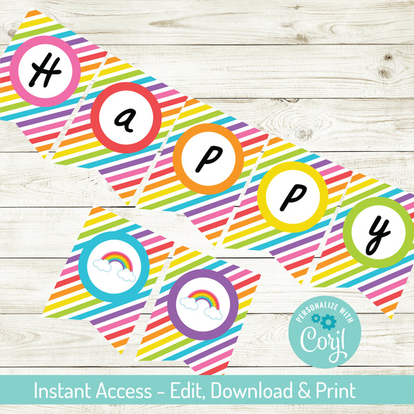 RAINBOW HAPPY BIRTHDAY BANNER| INSTANT DOWNLOAD | EDITABLE – Partyinapinch