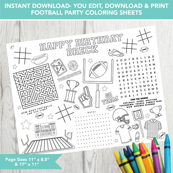Editable Football Party Coloring Sheet| Instant Download – Partyinapinch