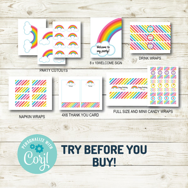 RAINBOW BIRTHDAY PARTY DECORATIONS | INSTANT DOWNLOAD | EDITABLE ...
